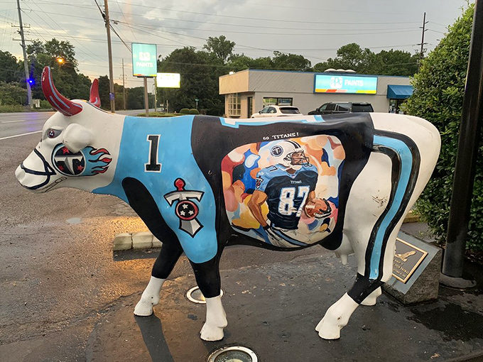 Even the cow outside dresses for the occasion, sporting Tennessee Titans colors&mdash;because in Nashville, team spirit pairs with everything.