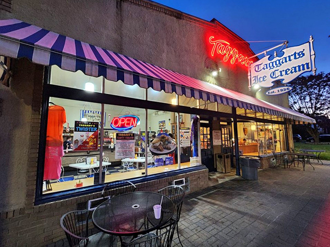 As twilight falls, Taggarts transforms from charming ice cream parlor to glowing dessert sanctuary that beckons from blocks away.