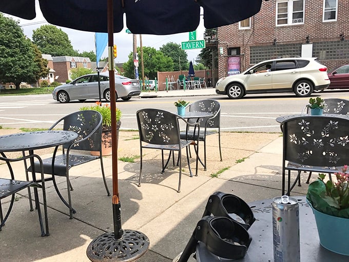 Sidewalk seating where you can watch Roxborough life unfold while contemplating which pierogi variety deserves your attention next.