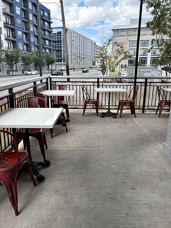 Urban oasis&mdash;where red metal chairs invite you to watch Nashville life unfold while nursing a chocolate malt and contemplating a second dessert.