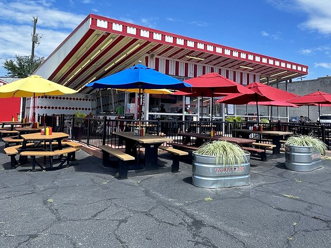 The outdoor patio&mdash;where summer breezes, colorful umbrellas, and burger perfection create Richmond's happiest place on earth.