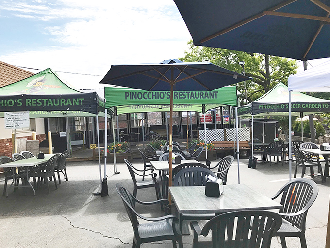 The outdoor seating area offers a casual spot to savor your slice under the Pennsylvania sky. Simple pleasures at their finest.