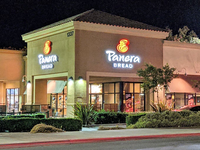 Night transforms this Panera into an inviting beacon for those seeking a late coffee or pastry fix after exploring Porterville's charms.