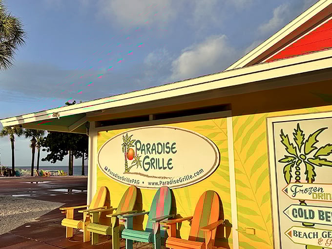 Paradise Grille lives up to its name with colorful Adirondack chairs perfectly positioned for sunset viewing with cold drink in hand.