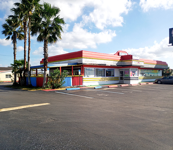 The modest exterior belies the time-traveling experience within &ndash; palm trees adding that distinctly Florida touch to 1950s nostalgia.