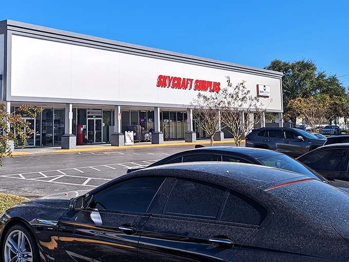 The parking lot: where ordinary cars wait while their owners embark on extraordinary quests for that perfect capacitor or mysterious gadget. 