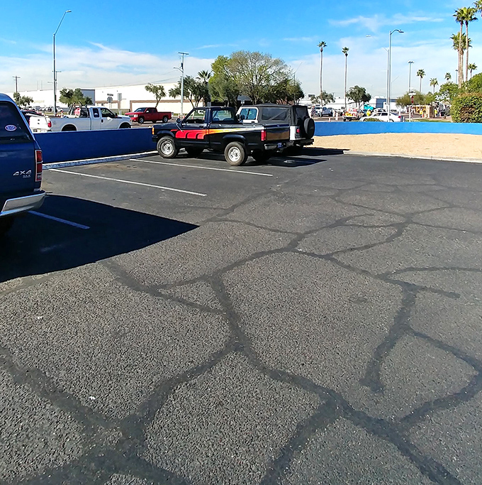 The parking lot&mdash;first stop on your treasure hunting expedition. Each empty space represents another shopper inside finding deals.