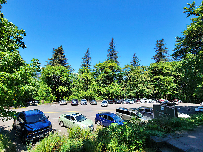 Early bird gets the parking spot! This lot fills quickly on weekends, proving Wahkeena Falls' popularity among nature enthusiasts.