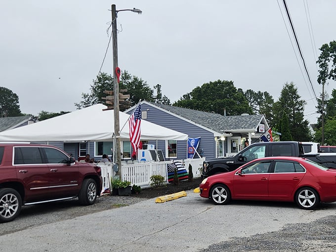 Even on cloudy days, Amy's Grill's patriotic display and steady stream of customers signal that good food transcends weather forecasts.