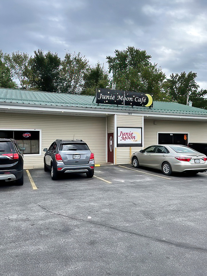 Even on cloudy days, the Junie Moon sign beckons hungry travelers and locals alike with its celestial promise of comfort food. 