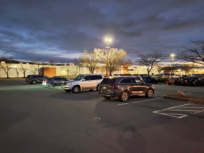 As dusk falls, the parking lot tells tales of successful expeditions. Cars waiting patiently, trunks ready to be filled with treasures.