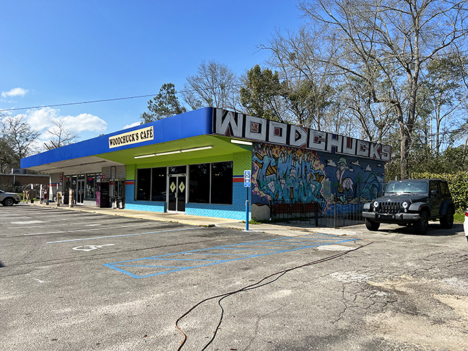 The full view reveals Woodchuck's true colors &ndash; a blue and green oasis of flavor standing proudly against Tallahassee's sky.