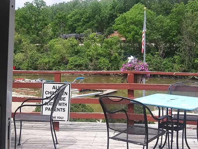 The outdoor patio offers a breath of fresh air and a reminder that children should be supervised&mdash;advice that applies equally to adults after their third beer.
