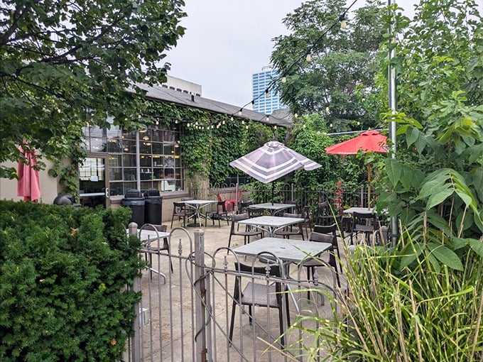 When Ohio weather cooperates, this charming patio offers urban oasis vibes with your kielbasa. Nature and nurture in perfect balance.