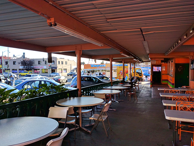 The covered patio area offers respite from the Oakland sun while you contemplate ordering seconds. Many great decisions have been made at these tables.