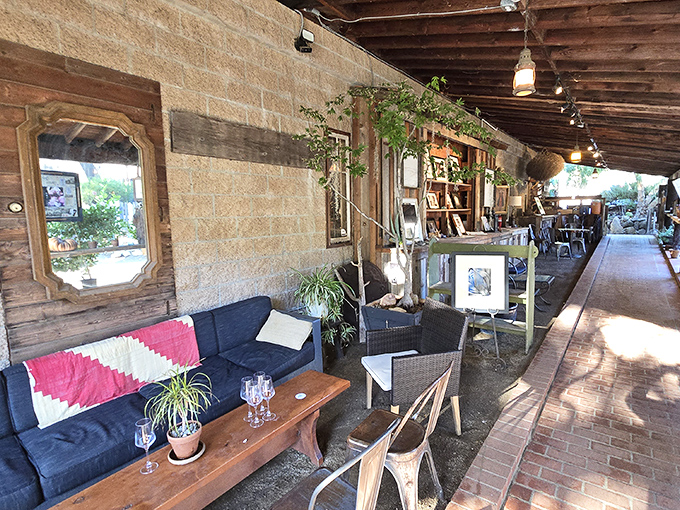 The covered patio lets you savor mountain air while anticipating those legendary oak-grilled steaks and sides.
