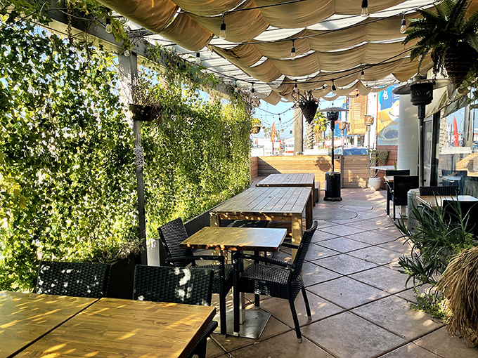 The plant-covered patio offers a sun-dappled escape from reality, where the only pressing concern is which dumpling to order next.
