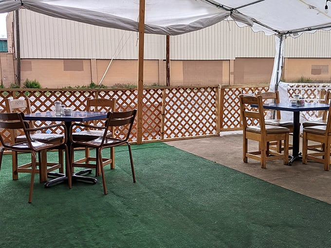 The patio's artificial turf and lattice fencing say, "We're casual, but we still care." Al fresco dining with a side of Santa Fe's famous blue skies.