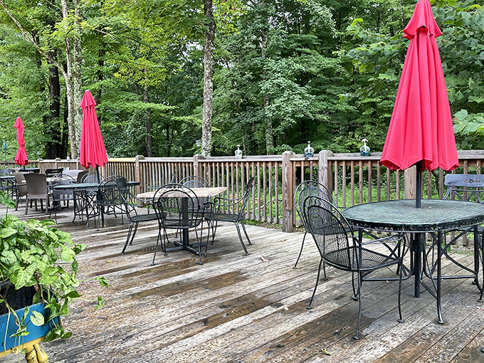 The outdoor deck surrounded by West Virginia's lush forest offers al fresco dining at its finest. Red umbrellas stand ready for sunny days.