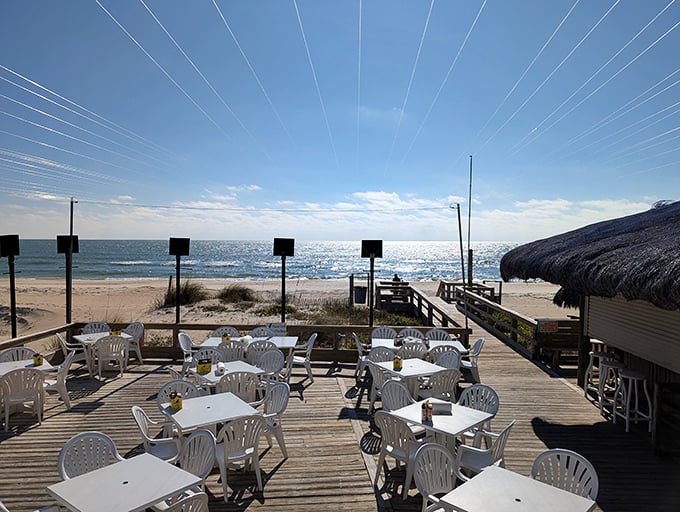 The deck view that makes waiting for a table feel like a privilege rather than an inconvenience. The Gulf of Mexico doesn't do bad backdrop days.