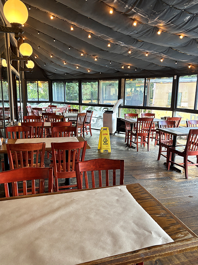 The covered patio offers al fresco dining without the risk of becoming someone's al fresco lunch during a rainstorm.