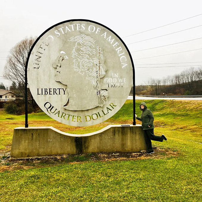 Strike a pose that says "I've discovered something wonderfully weird in Pennsylvania." The Giant Quarter brings out playfulness in everyone.