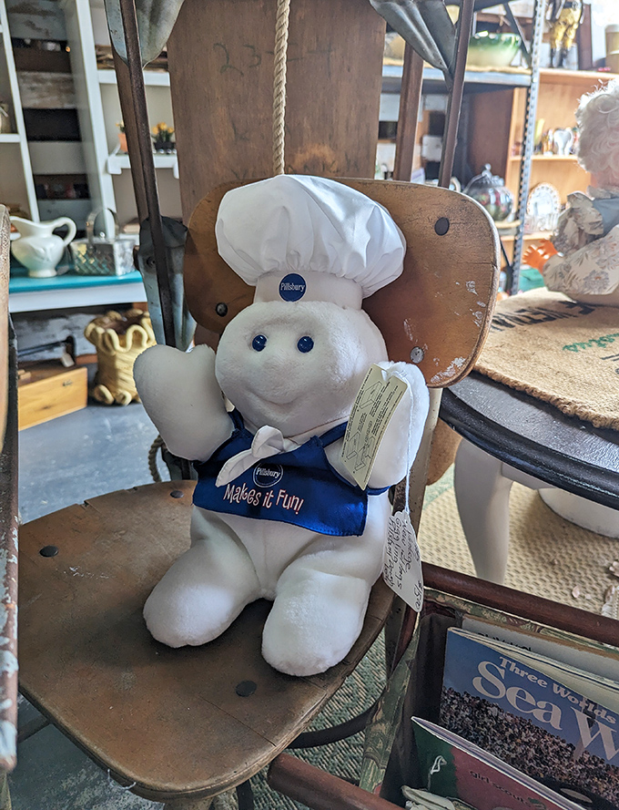 The Pillsbury Doughboy sits patiently, waiting for someone to take him home and resist the urge to poke his tummy for that signature giggle.