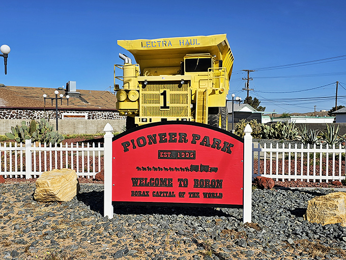 Pioneer Park's welcome sign and mining equipment display announce Boron's proud heritage as the "Borax Capital of the World."