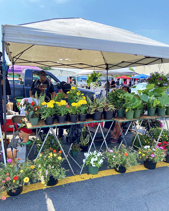 Fresh blooms and garden treasures bring natural beauty to this concrete jungle of commerce.