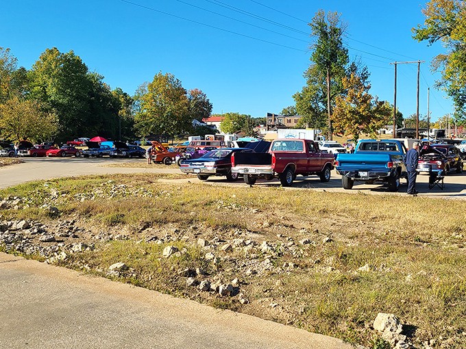 Classic cars line up for a community gathering, where "social networking" still means actual conversations and handshakes instead of likes and shares.