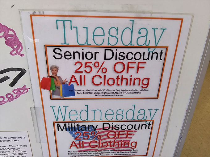 Special discount days that make thrifty shoppers plan their entire week accordingly. Tuesday for seniors, Wednesday for military&mdash;bargain democracy in action.