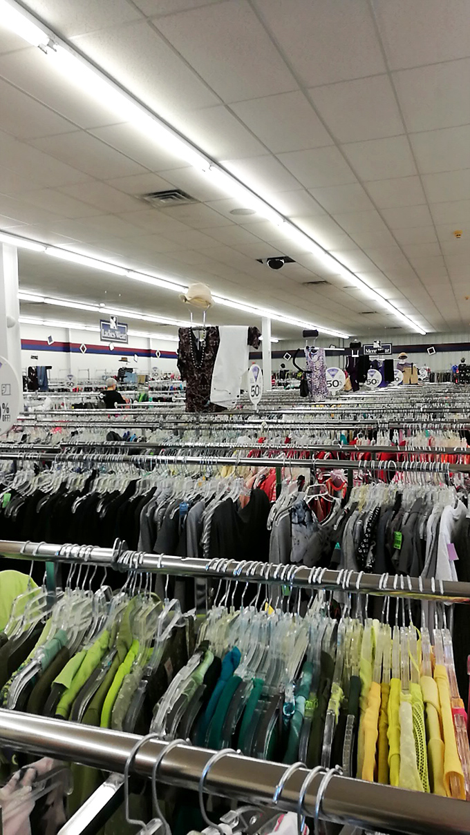 A rainbow of clothing possibilities stretches as far as the eye can see. Each hanger holds a potential wardrobe transformation.