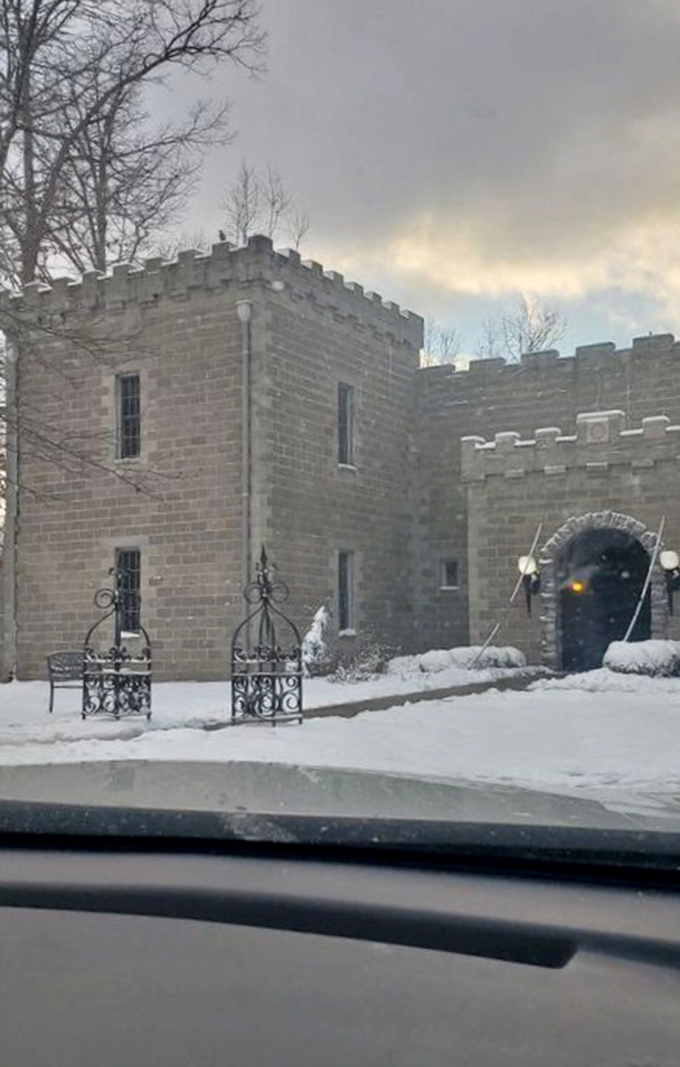 Winter transforms Ravenwood into a frost-kissed fortress, the snow-covered grounds enhancing its fairy-tale quality under moody winter skies.