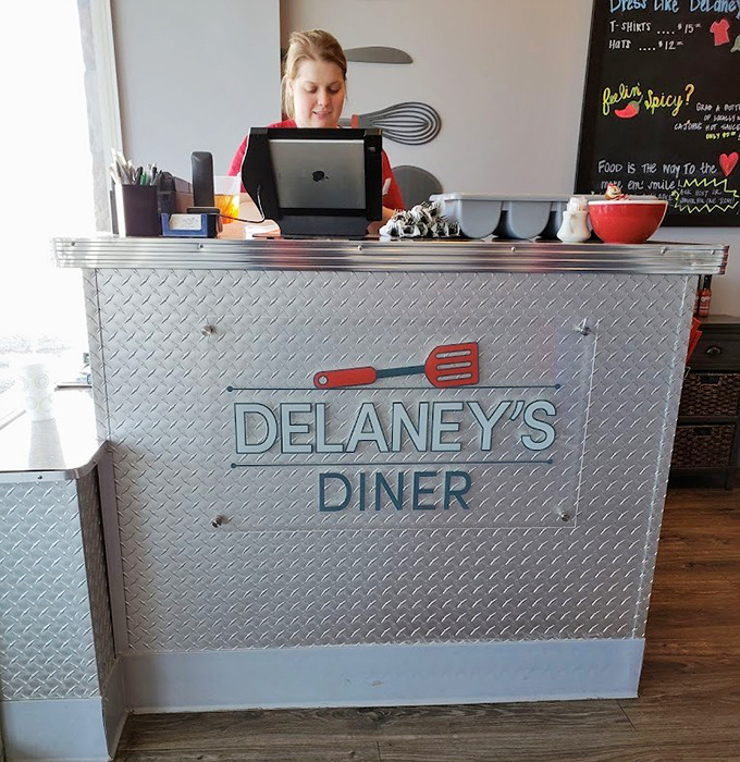 The host stand&mdash;first checkpoint on your journey to pancake paradise. That diamond-plate finish adds a touch of industrial chic to breakfast.