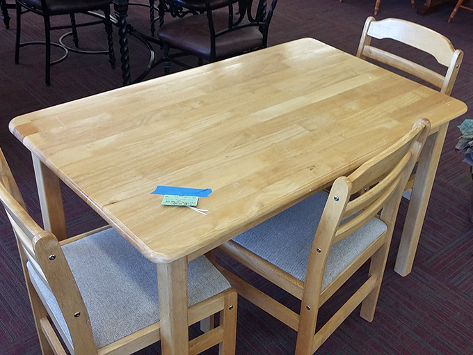 This butcher-block dining set whispers tales of family dinners past while promising many more affordable meals in your future.
