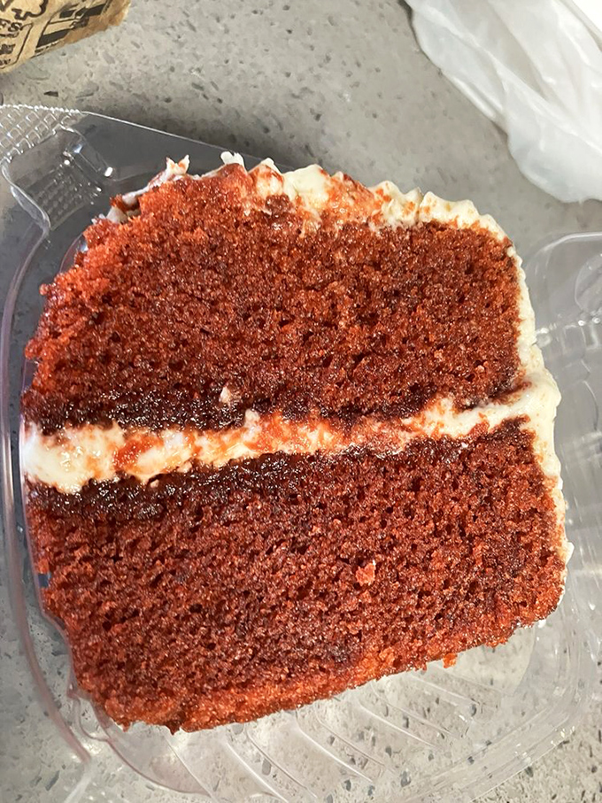 Red velvet cake that doesn't try to be fancy&mdash;just deeply satisfying layers of crimson cake and cream cheese frosting that taste like someone's grandmother made it.