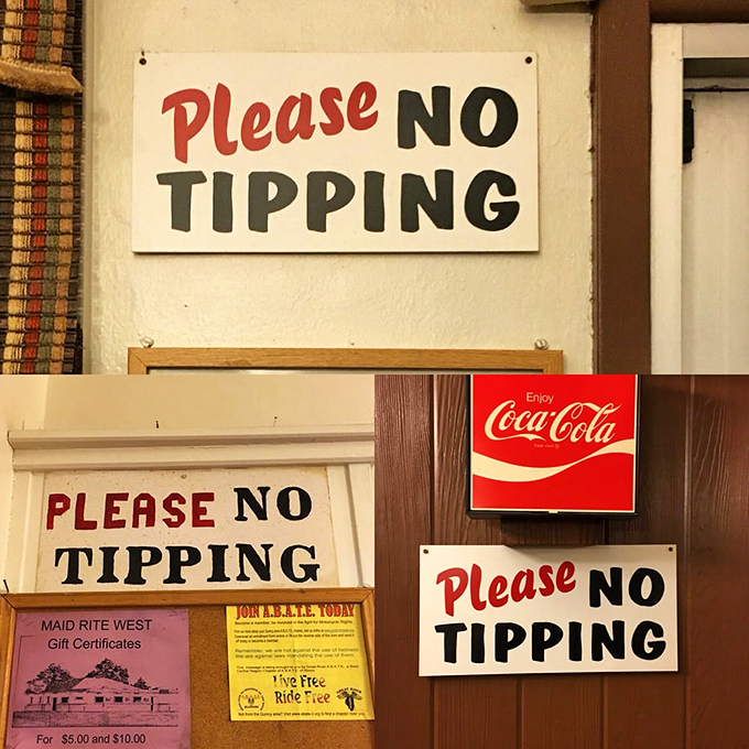 The "Please NO TIPPING" signs aren't playing hard to get—they mean business. A refreshing throwback to simpler times in American dining.
