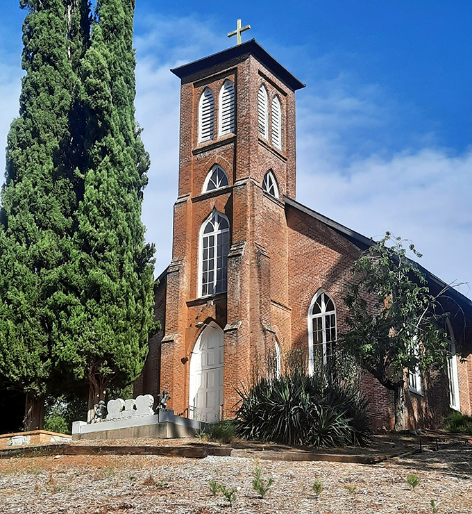 Saint Anne's Catholic Church reaches skyward with its impressive bell tower, offering spiritual solace to a town built on the very earthly pursuit of gold.