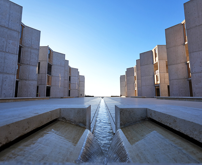 The Salk Institute channels modernist zen with its perfect symmetry and water feature that seems to pour directly into the Pacific.