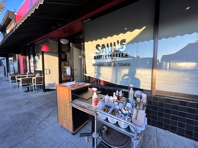 The outdoor setup speaks to pandemic adaptability, proving great delis, like great New Yorkers, know how to make it work.