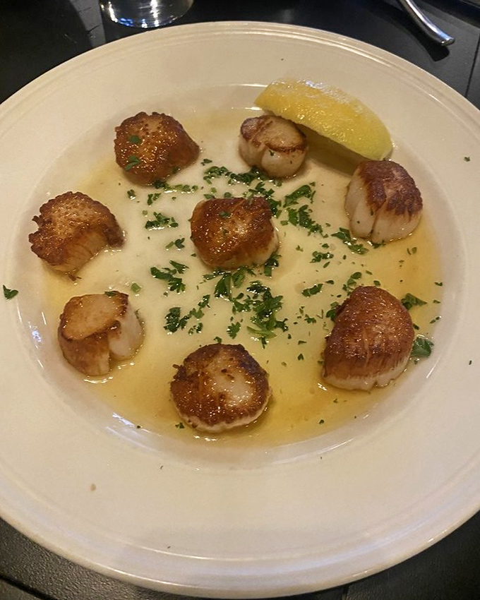 Scallops seared to golden perfection swim in buttery sauce, proving that sometimes the best things in life come in small, circular packages.