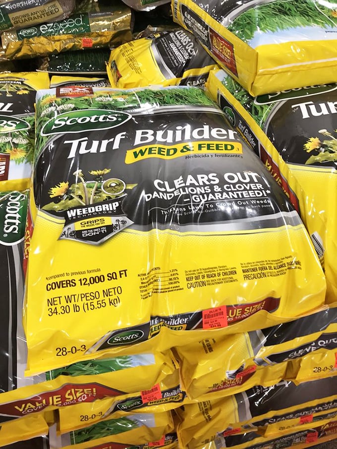 Garden supplies stack like yellow bricks on a road to lawn perfection, with Scotts Turf Builder promising to vanquish dandelions from your kingdom.
