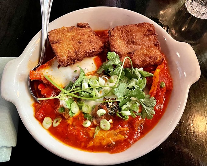 Shakshuka that brings Mediterranean sunshine to your breakfast table, complete with perfectly runny eggs.