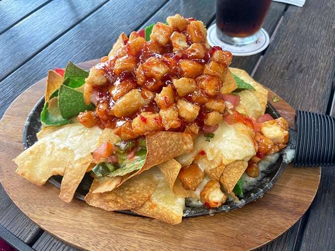 Not your average nachos! These crispy chips support the weight of sweet shrimp glory like the unsung heroes they truly are.