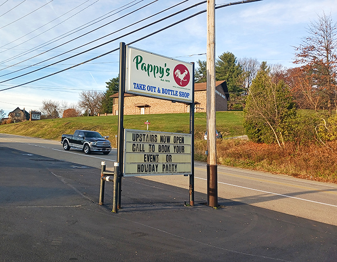 The roadside sign promises "Take Out & Bottle Shop" but delivers so much more. Like finding an extra twenty in your winter coat pocket.