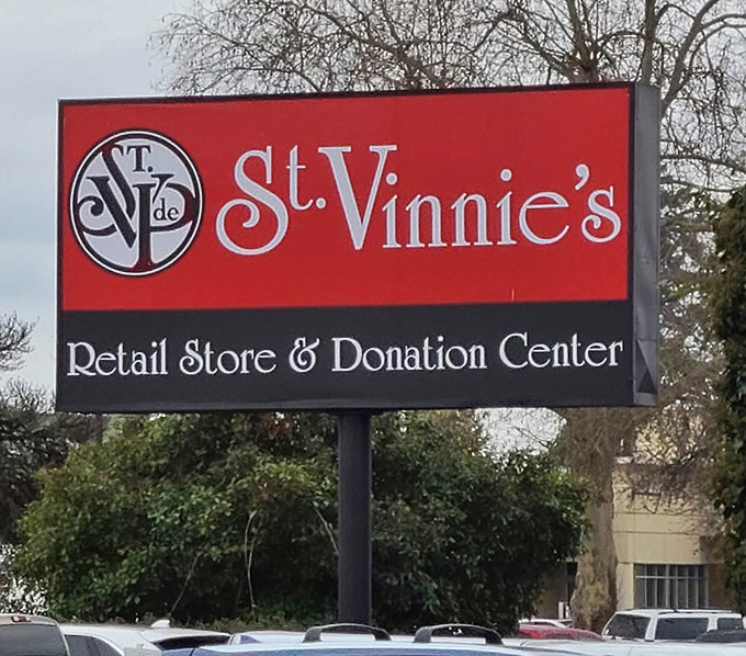 The iconic red sign that signals treasure hunters they've arrived at Eugene's secondhand shopping mecca.