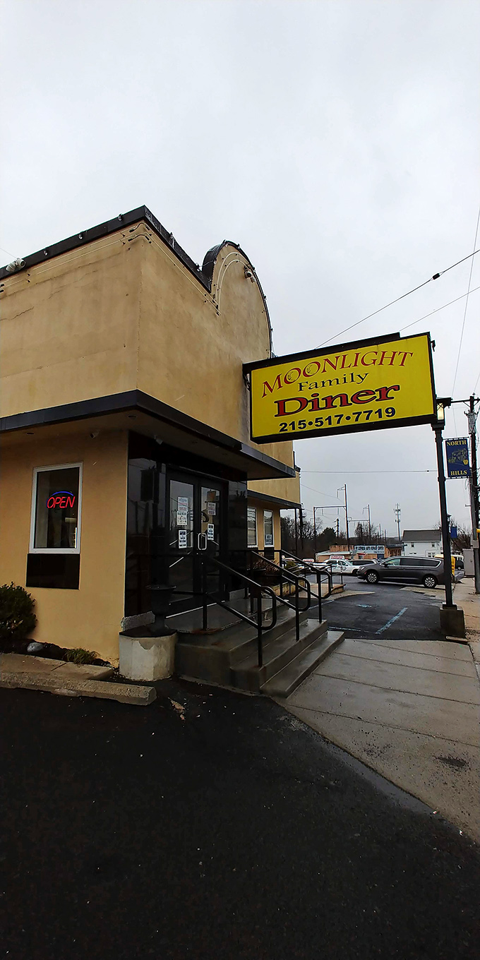 The yellow sign stands guard against hunger, a beacon of hope on cloudy Pennsylvania mornings.