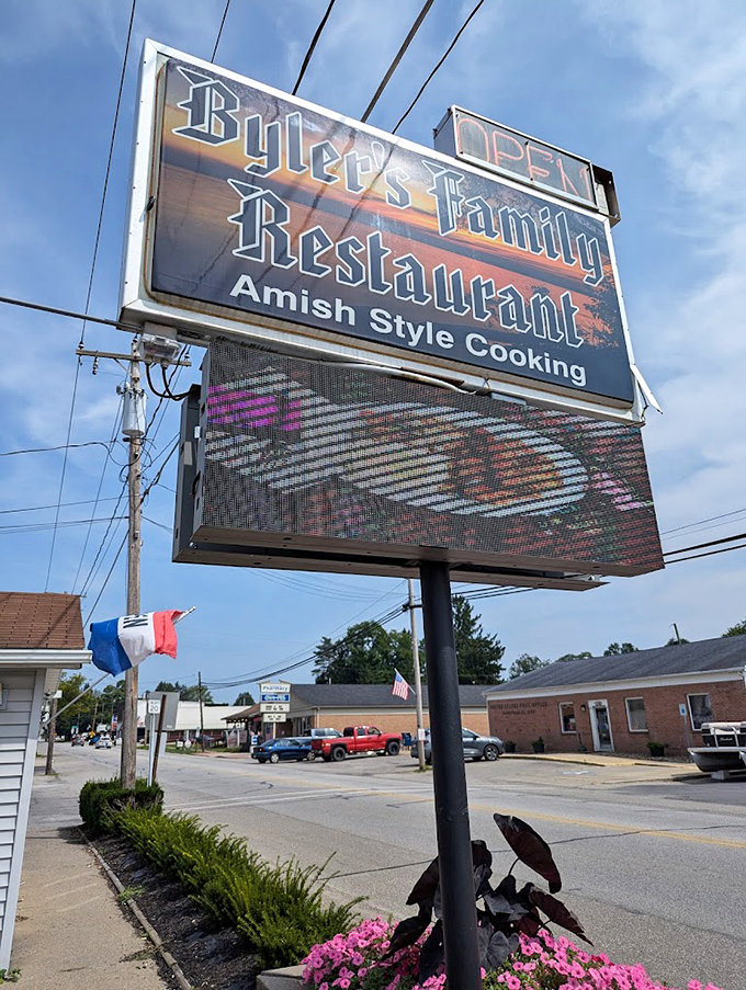 Clear signage guides hungry travelers to their next favorite meal hidden in plain sight here.