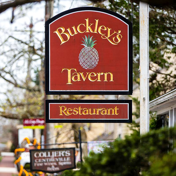 The iconic Buckley's sign with its pineapple &ndash; the universal symbol of hospitality &ndash; promising good things to those who enter.