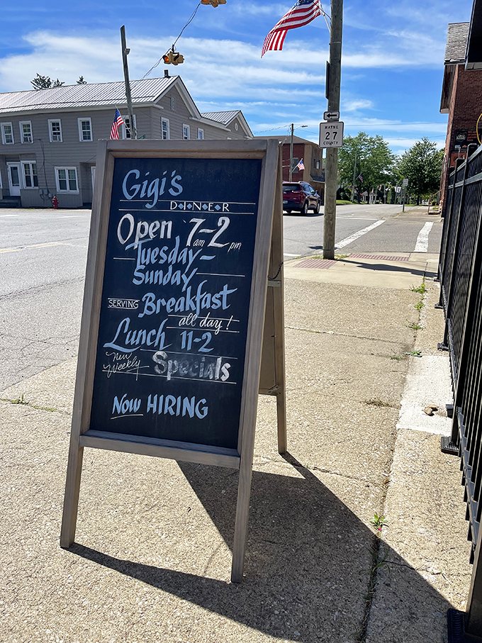 The sidewalk sign announces Gigi's hours like a town crier. "Breakfast all day" might be the three most beautiful words in the English language.